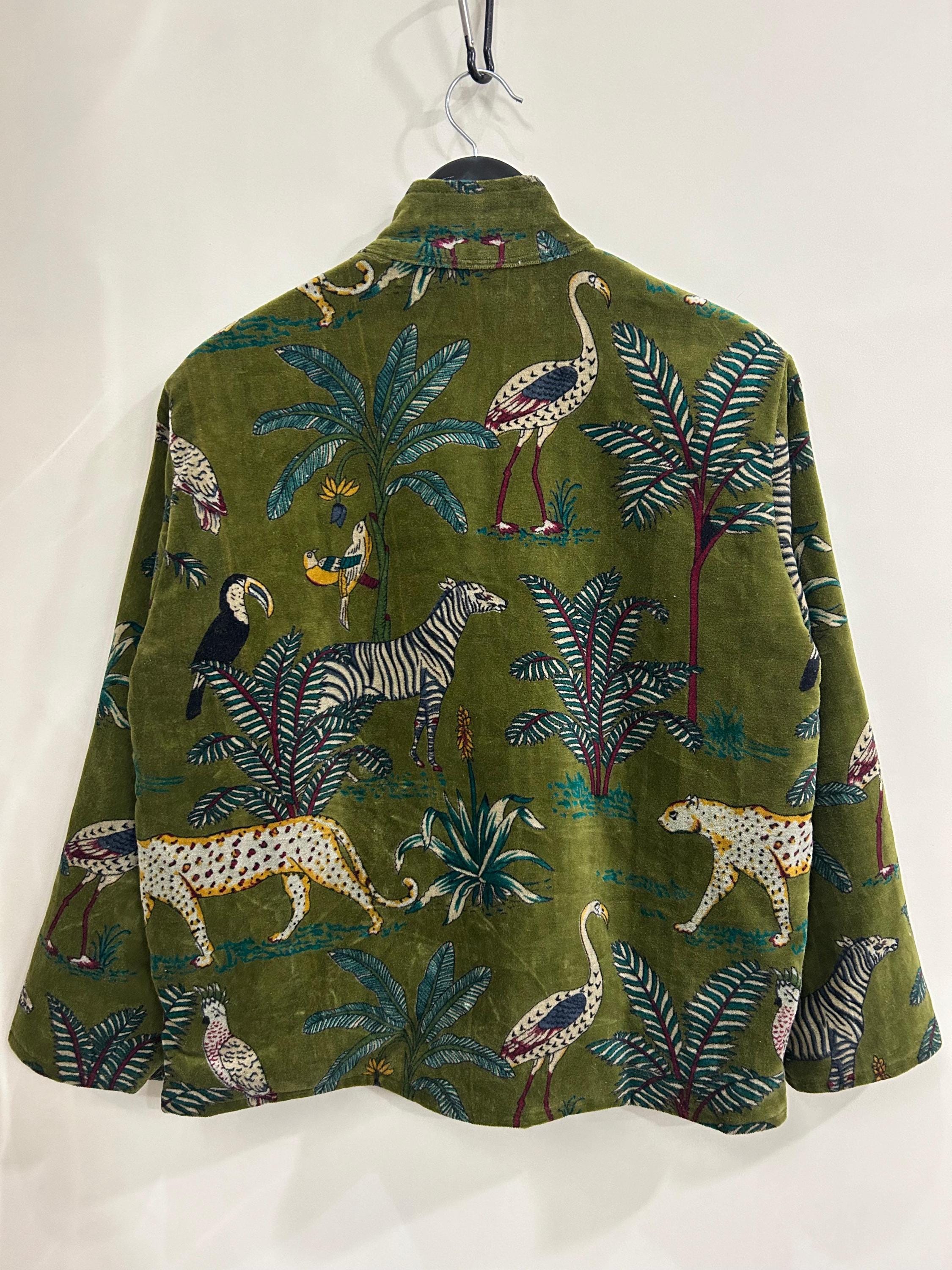 Luxury Velvet Safari Print Jacket, Olive Green With Tropical Animals ...