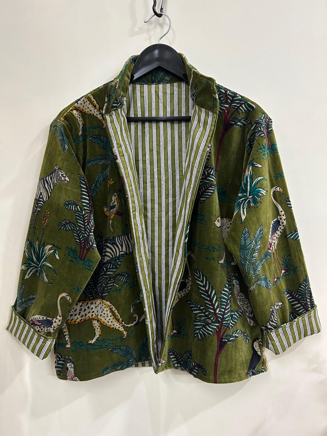 Luxury Velvet Safari Print Jacket, Olive Green With Tropical Animals ...