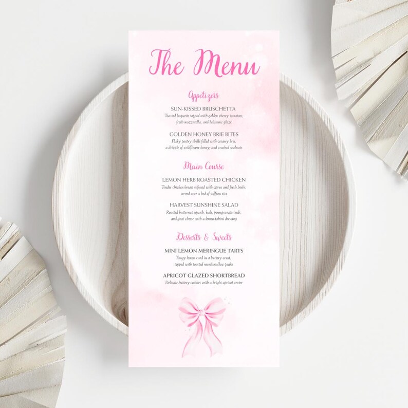 Pink Coquette Birthday Menu Card Template, Bow Custom Card Design ...