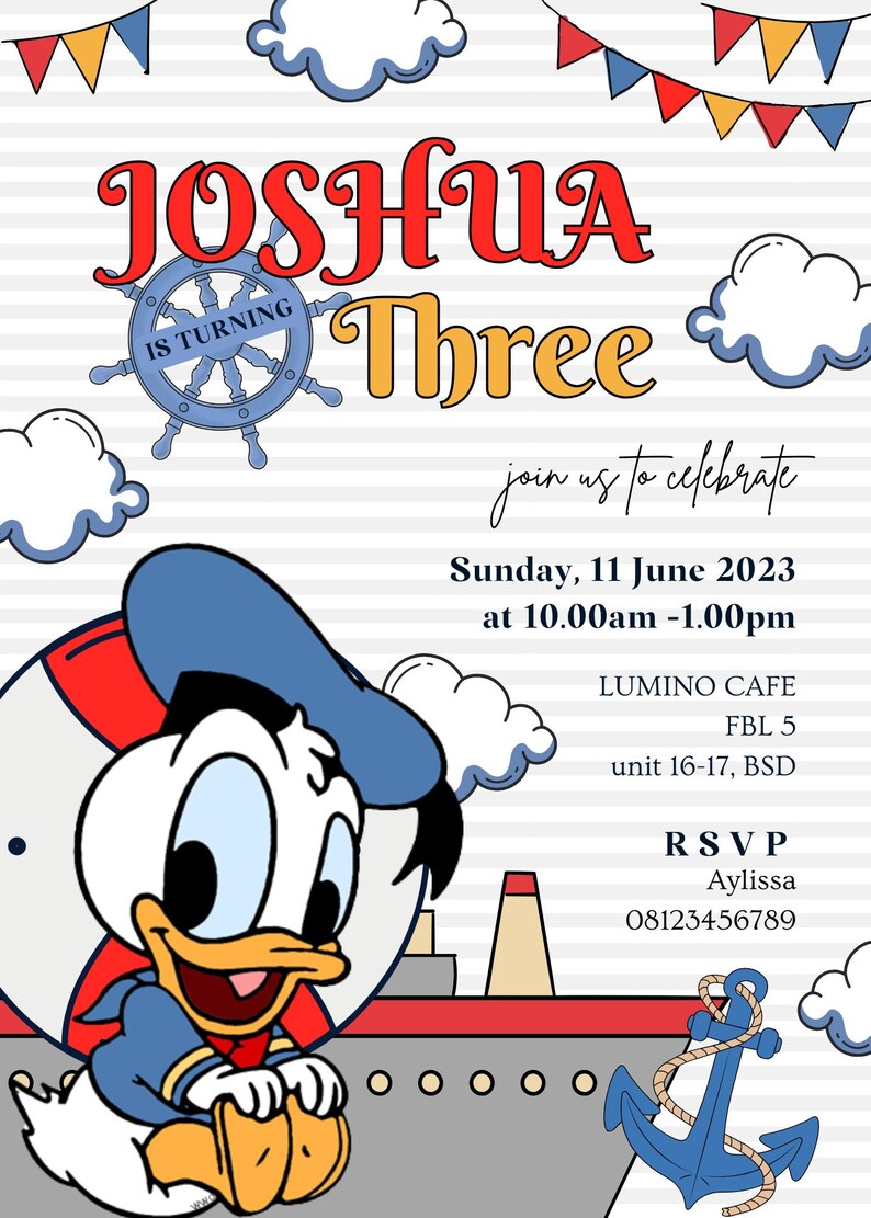 Editable Sailor Duck Themed Birthday Invite, Navy & Yellow Party ...