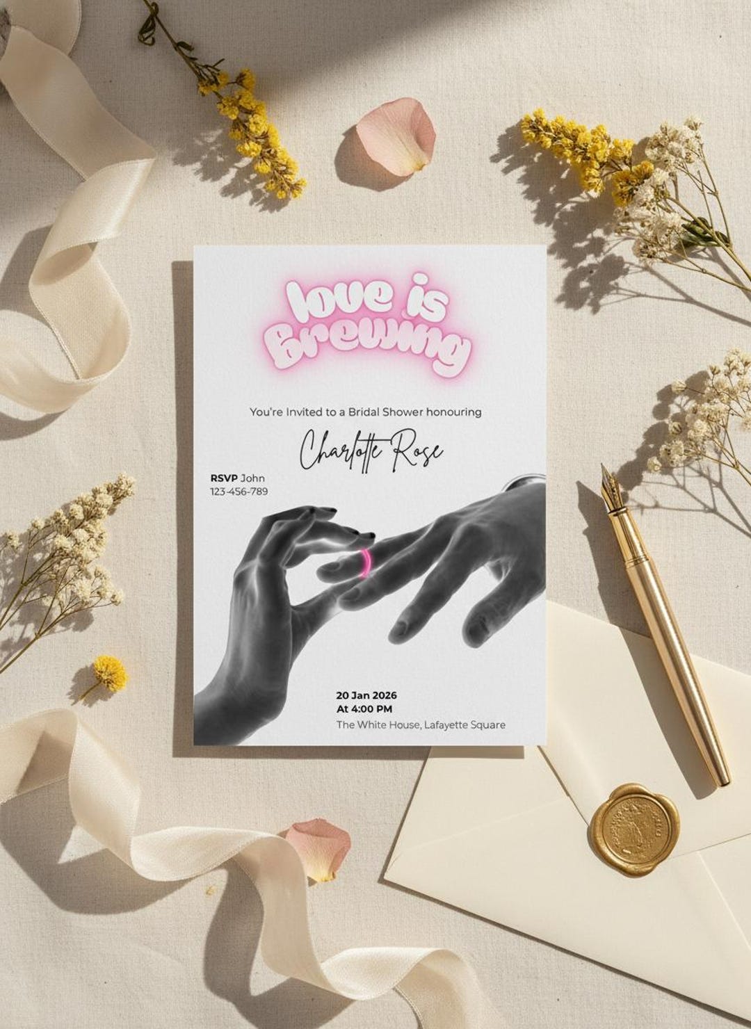 Neon Bridal Shower Invitation: Pink Glow Ring (editable Digital ...