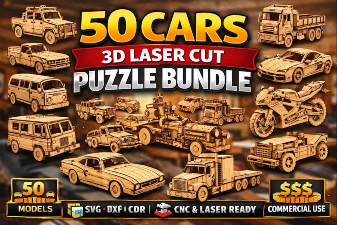 50 Cars 3D Laser Cut Puzzle Bundle SVG DXF | Wooden Car Models | CNC ...