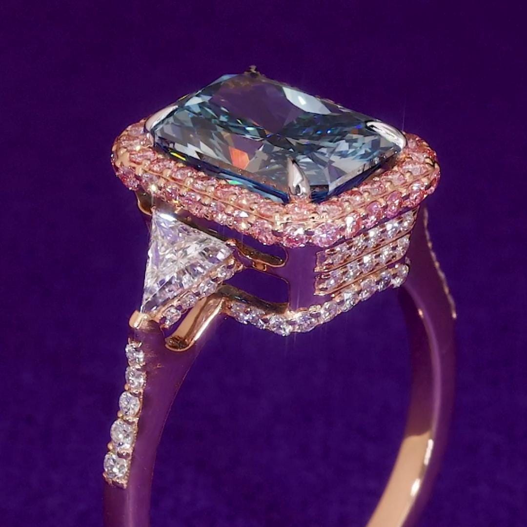 Blue Radiant CVD Diamond Ring: 18K Yellow Gold & Pink Accent Diamonds ...