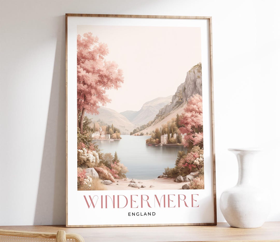 Windermere Travel Art Print, Lake District Pink Home Decor, Cumbria ...