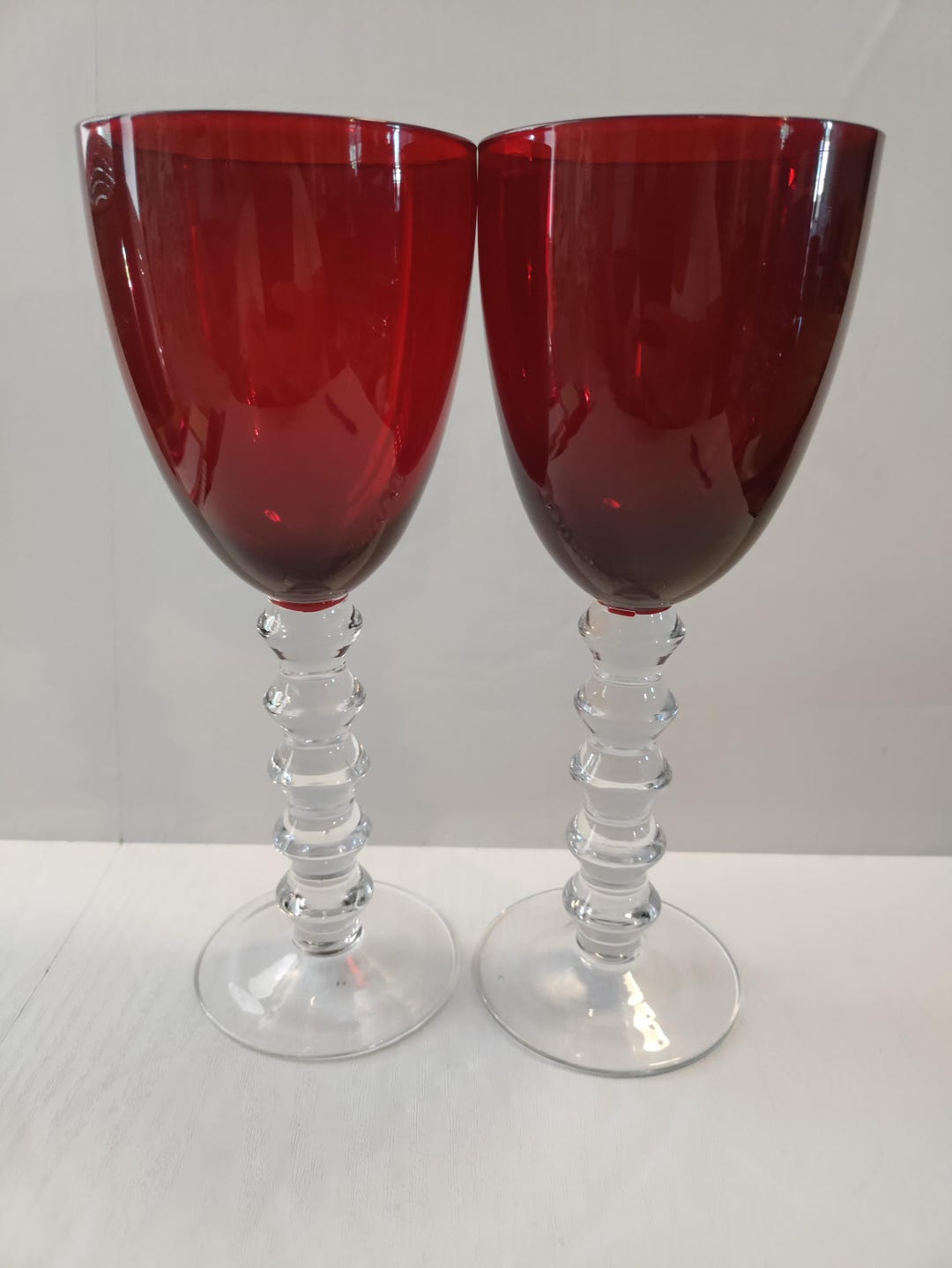 Ruby Red Water Goblets / Ruby Red and Clear Ball Stem Glasses / Vintage ...