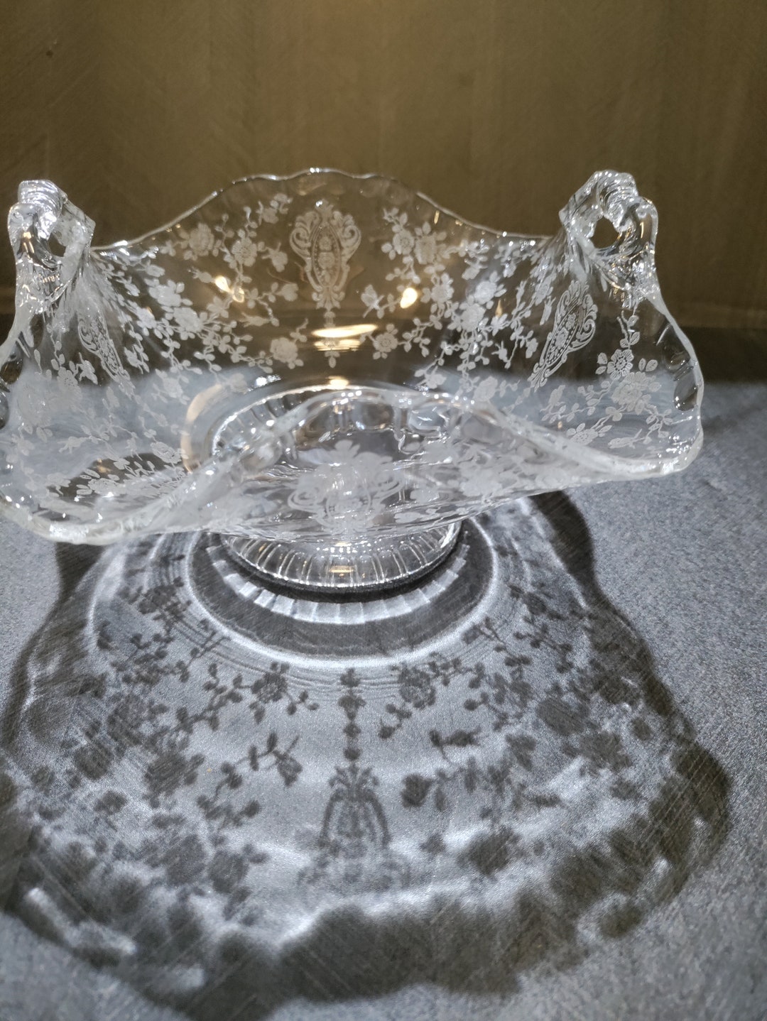 Rose Point Crystal 6 Inch Square Handles Footed Basket Bowl Stunningly ...