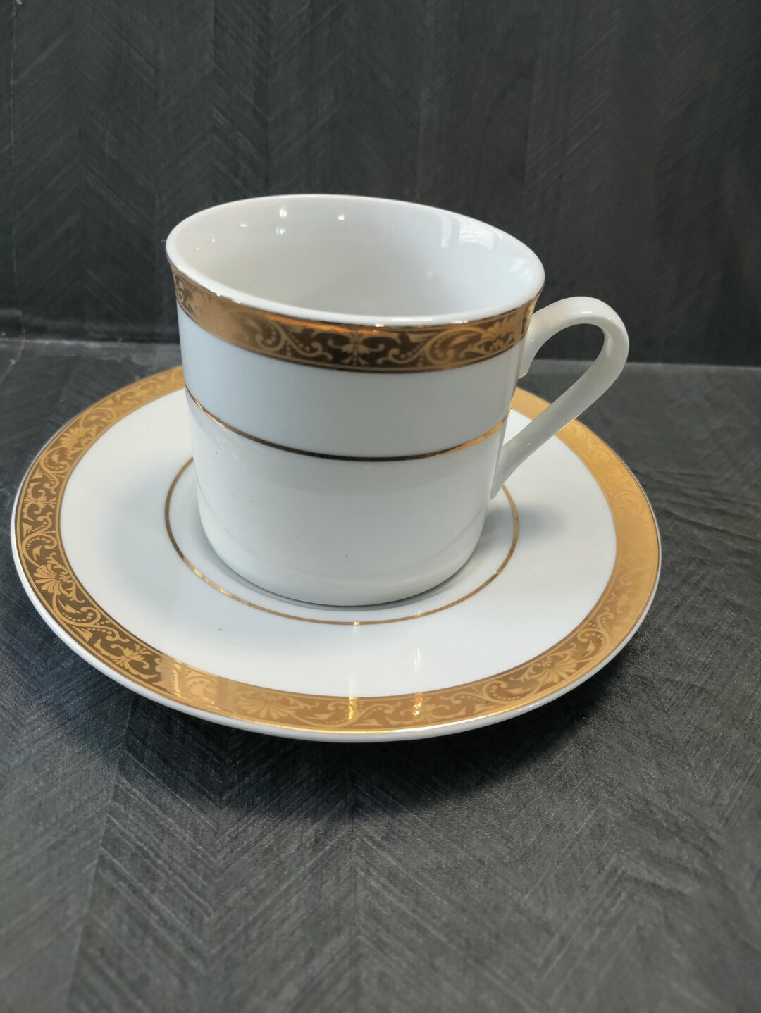 White and 22K Gold China Flat Bottom Cup and Saucer Encrusted Scrolls ...