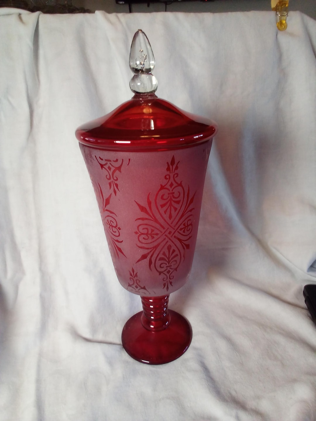 18 Inch Tall Ruby Red Apothecary Jar Stunning Frosted and Etched Hand ...