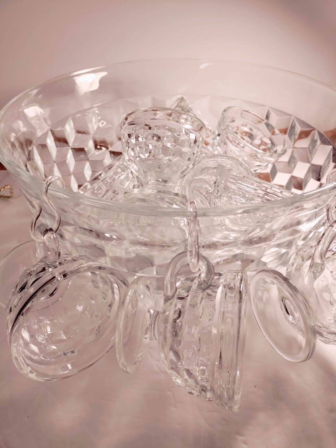 25pc Vintage 13" Whitehall Clear Punch Bowl W 12 Cups and Hooks Just in ...