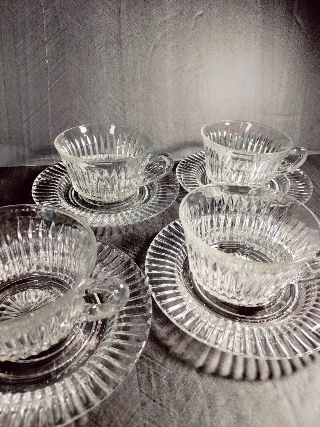 Set of 4 Teacups and Saucers Clear Depression Glass Queen Mary Clear by ...