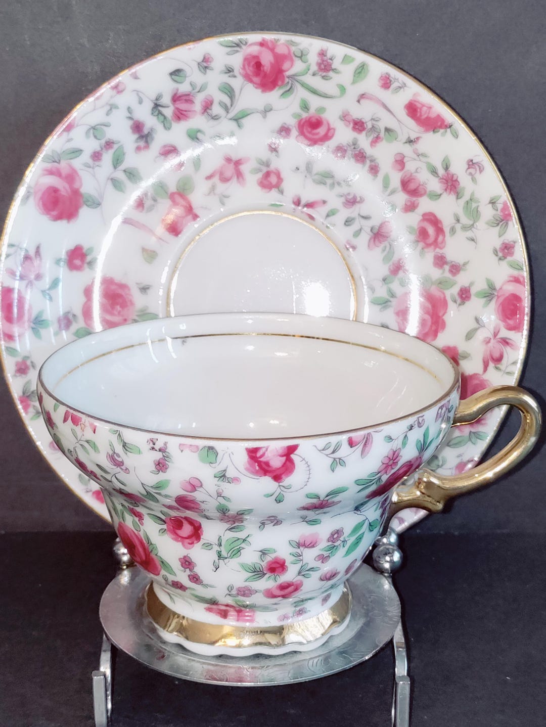 Vintage Footed Tea Cup W/ Saucer Chintz MV2119 Pink Purple Flowers D4 ...