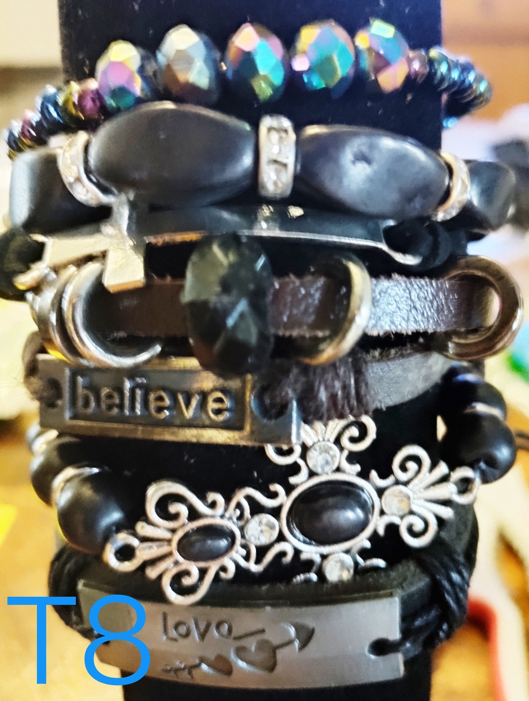 6 Stack Womens Bracelets Leather, Rhinestone, Crosses, Blessed, Believe ...