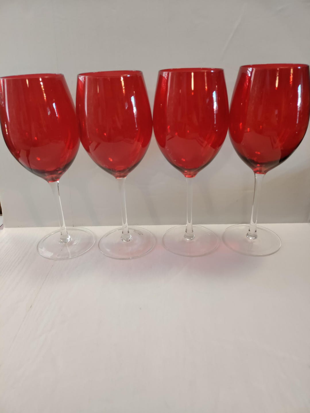 Ruby Red Water Goblets / Ruby Red and Clear Ball Stem Glasses / Vintage ...