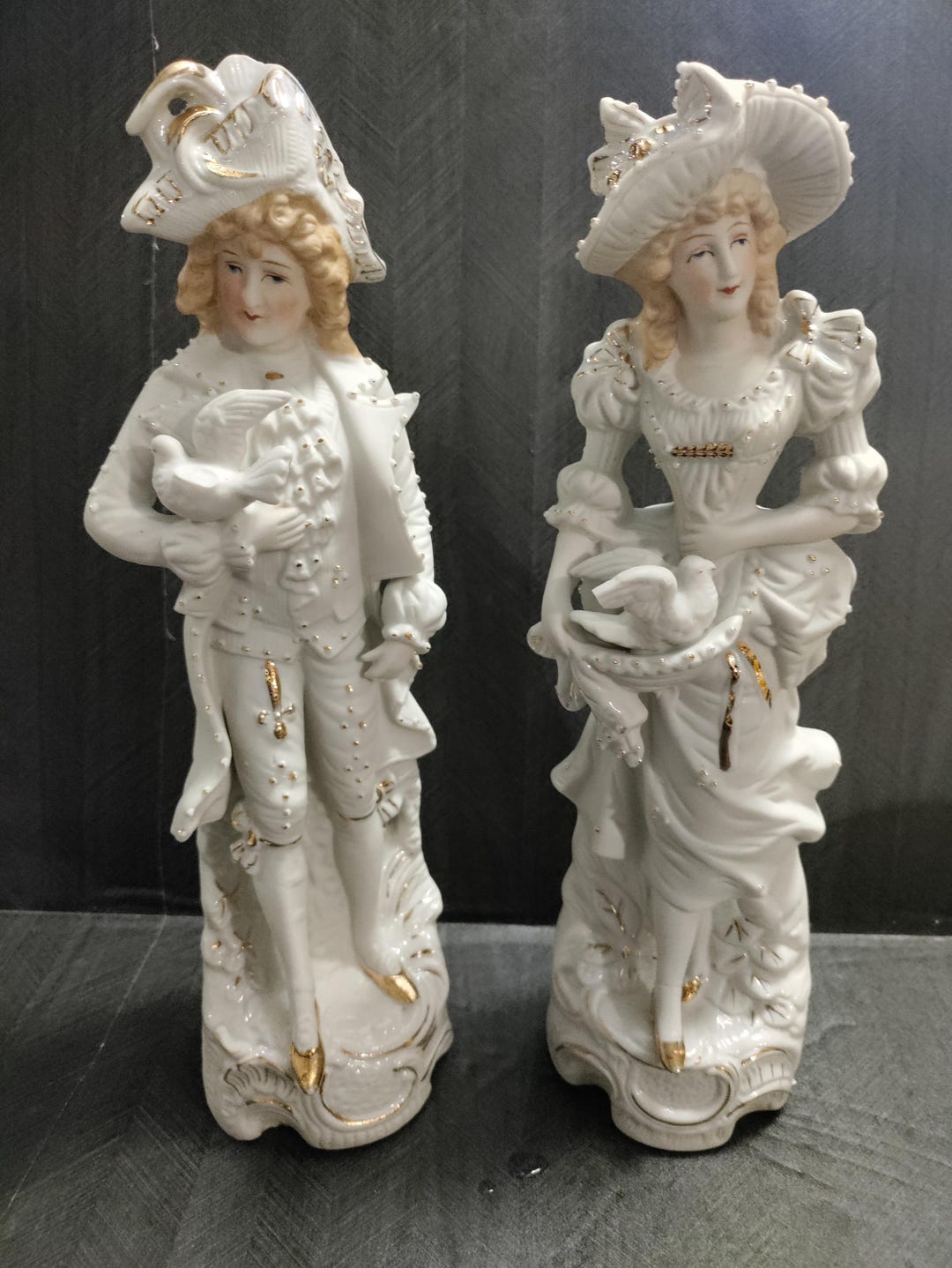 Vintage 12" Tall Figurines French Colonial Man and Woman Porcelain Gold ...