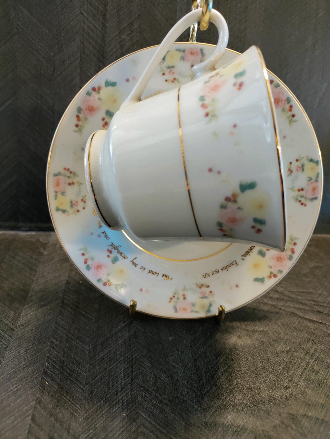 Bible Verse Teacup Saucer White Floral 22k Gold Set Excellent - Etsy