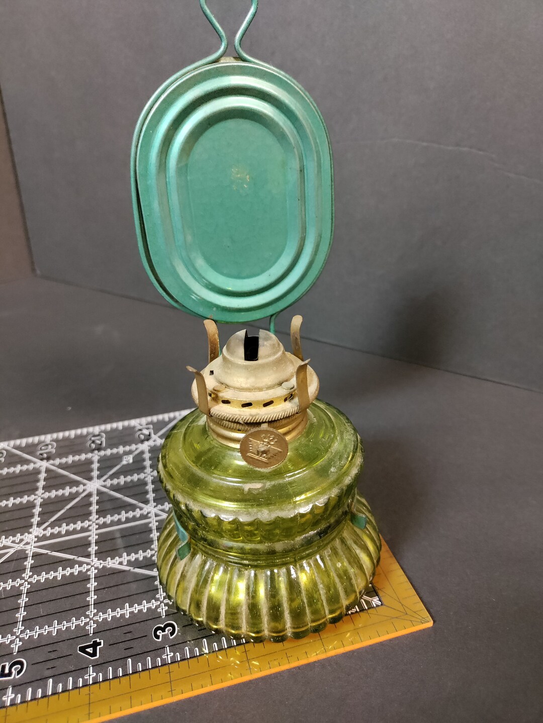 Vintage Small Green Glass Oil Lamp Base in Metal Wall Holder Handy Lamp ...