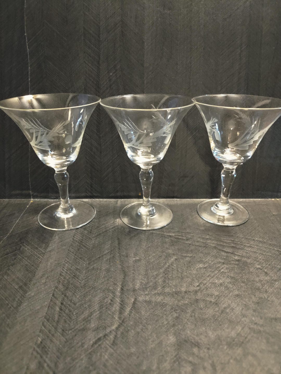 Champpagne Wine Crystal Gray Cut Pine Thistle Design 5" Set of 3 - Etsy