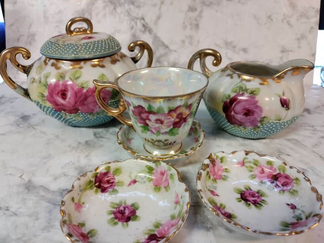 7 Piece Rose and Gold China Tea Set Sugar Bowl Creamer and Others ...