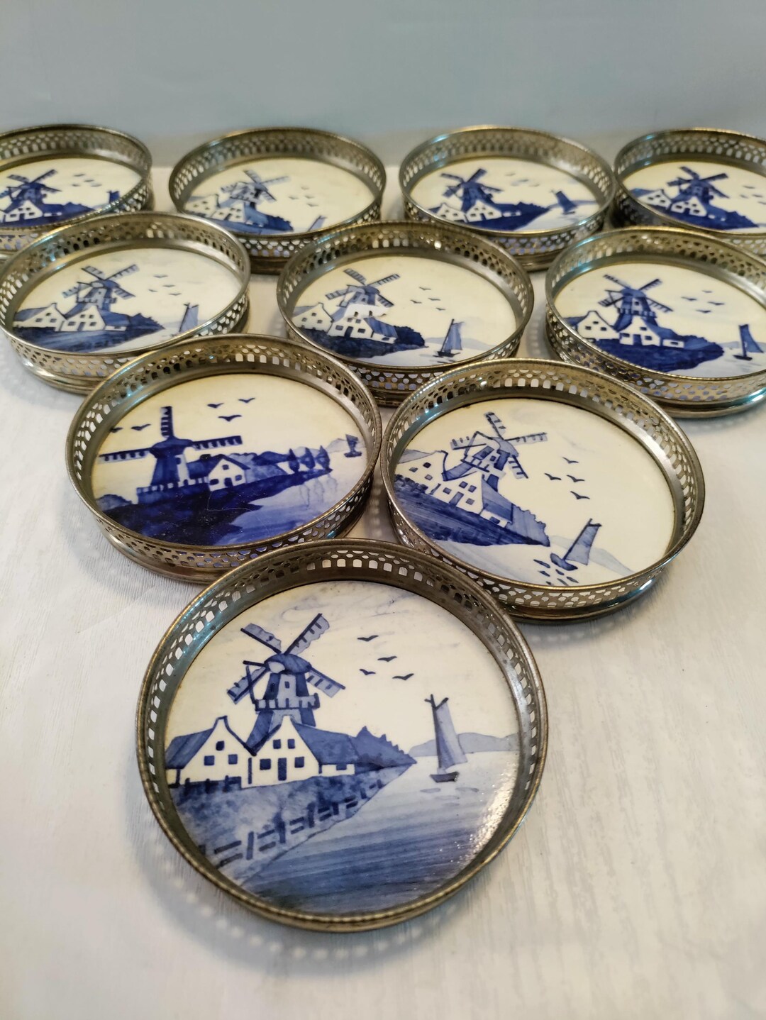 10 Vintage Delft Germany Hand Painted Porcelain and Silver Coasters ...