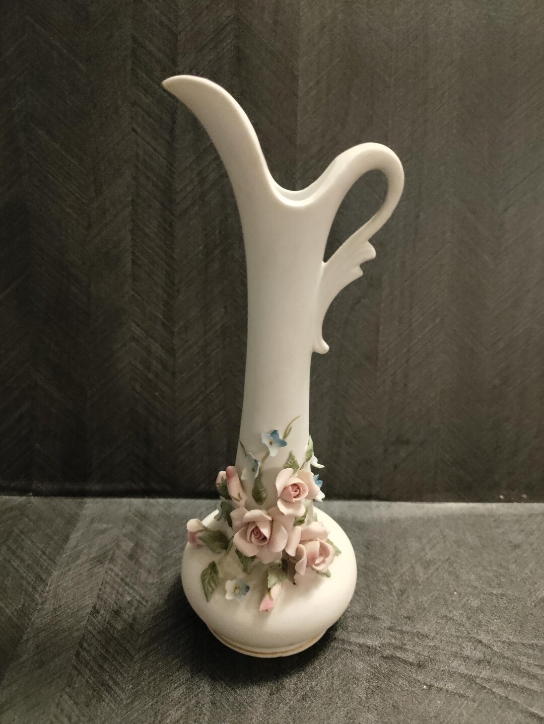 Lefton China Hand Painted 3-D Rose Floral Tall Skinny Flower Pitcher ...