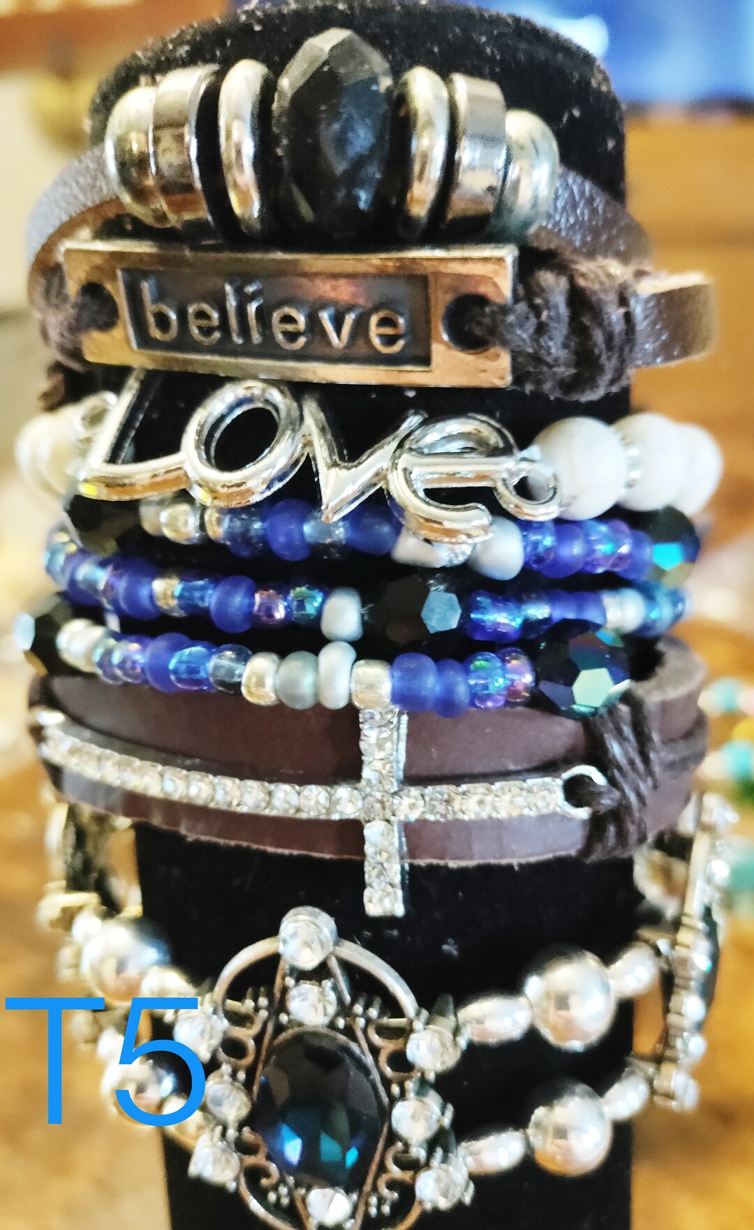5 Stack Womens Bracelets Leather, Rhinestone, Crosses, Blessed, Believe ...