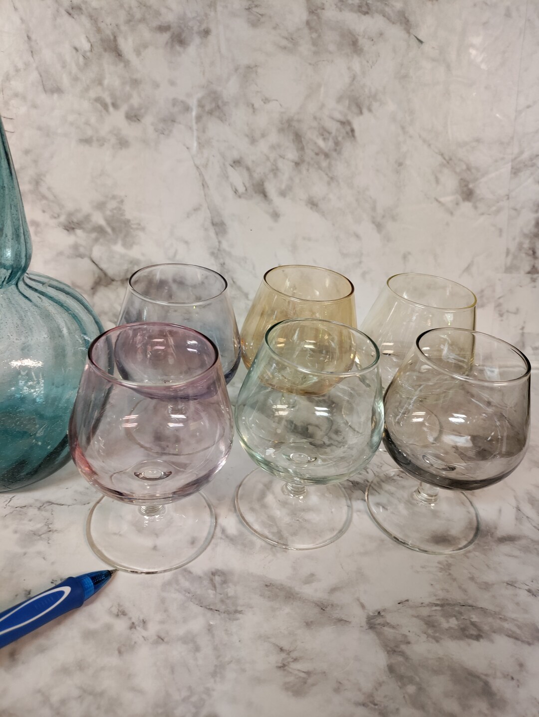 Hand Blown Aqua Mexican Glass Bar Jug & Imperial Glass Brandy Cognac ...