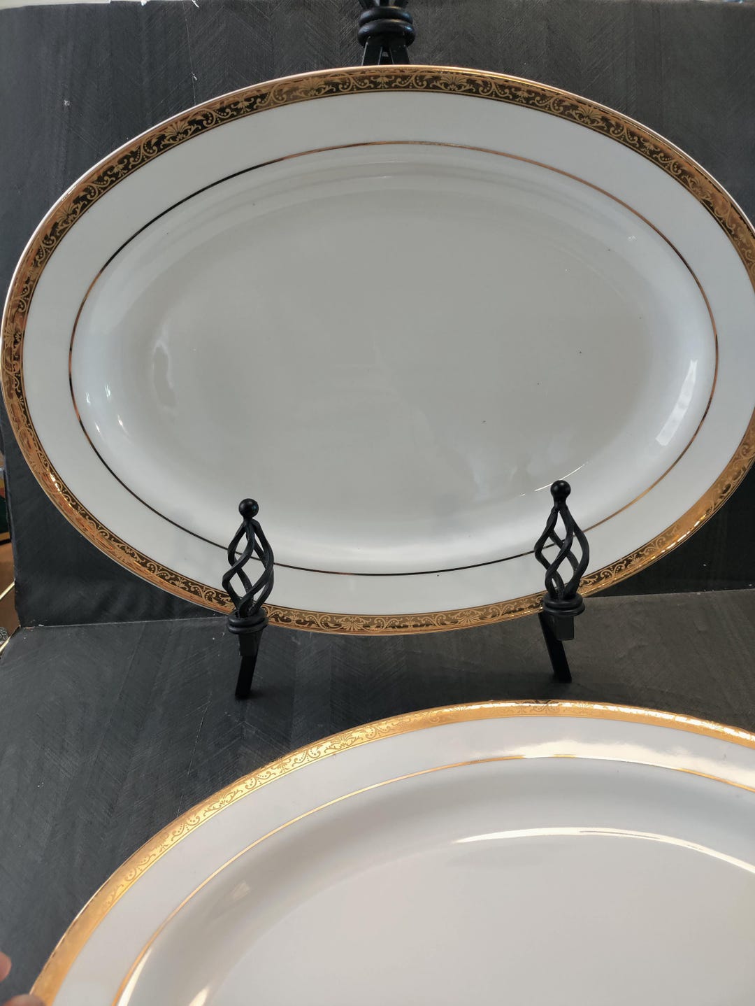 White and 22K Gold China 14" Platter Encrusted Scrolls & Inner Gold ...