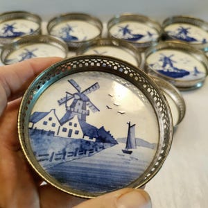 10 Vintage Delft Germany Hand Painted Porcelain and Silver Coasters ...