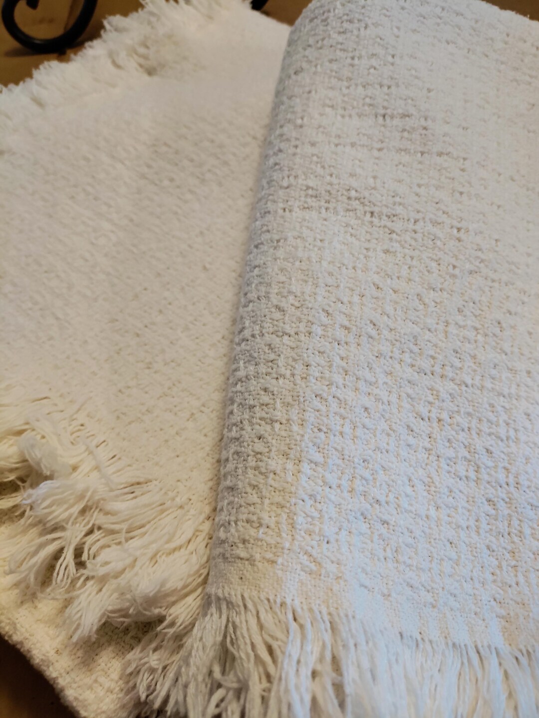 Set of 3 Eggshell White Textured Fringe Tablecloths Cotton Poly Blend ...