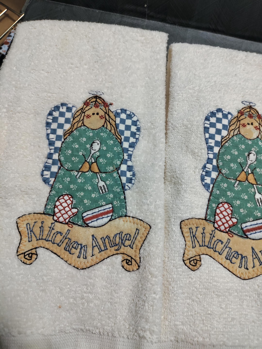 3 Full Size Kitchen Angel Tea Towels Embroidered Applique Look Unused ...