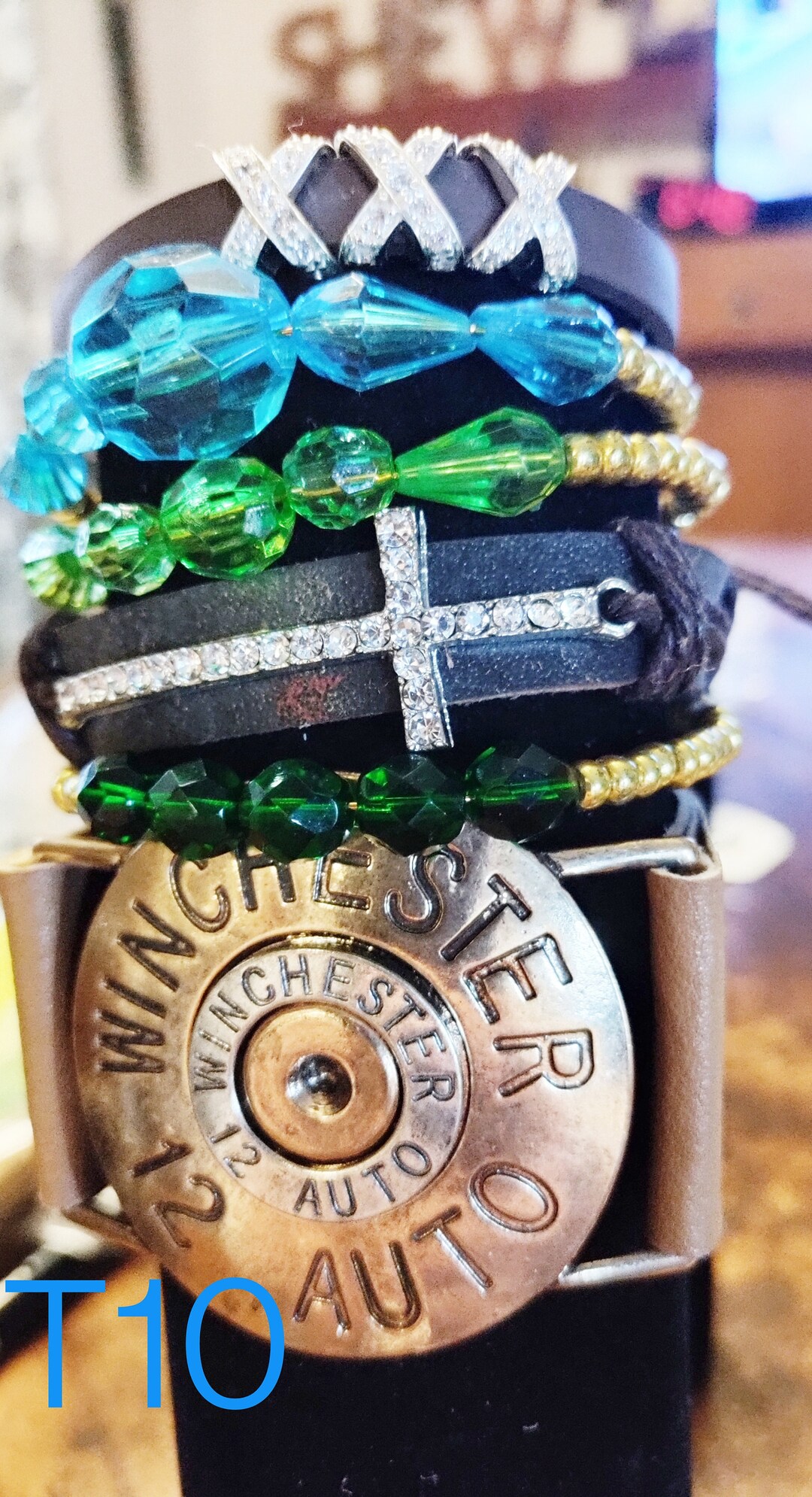 6 Stack Womens Bracelets Leather, Rhinestone, Crosses, Blessed, Believe ...