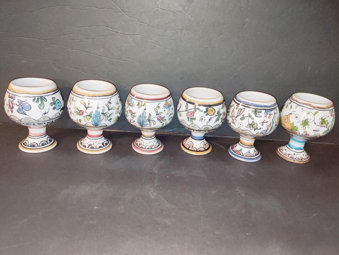 Set of 6 Pottery Wine Goblet Ceramic Cup Hand Painted Signed Made in ...