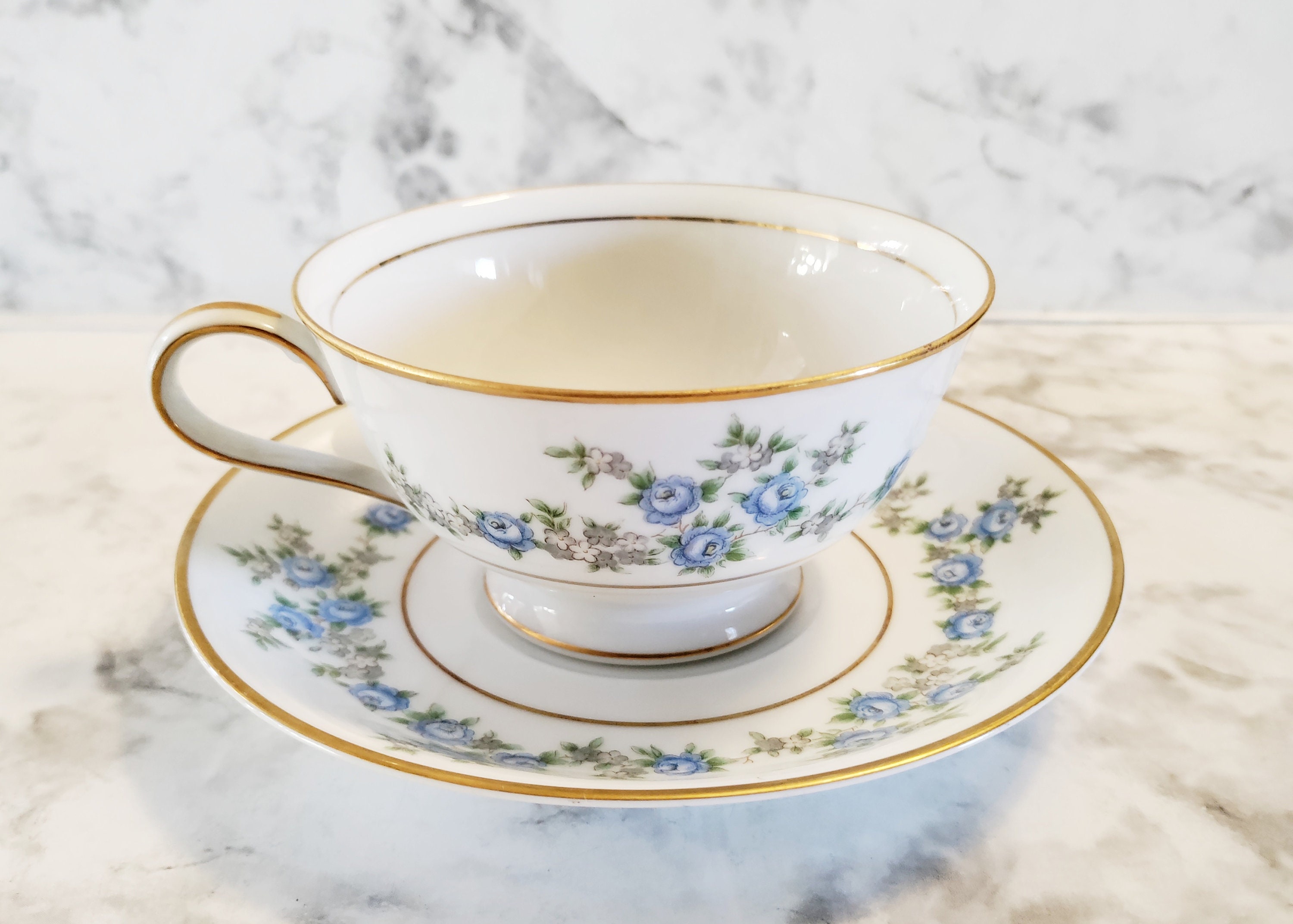 Noritake 22k Gold China Blue Floral Tea Cup and Saucer Set Exceptional ...