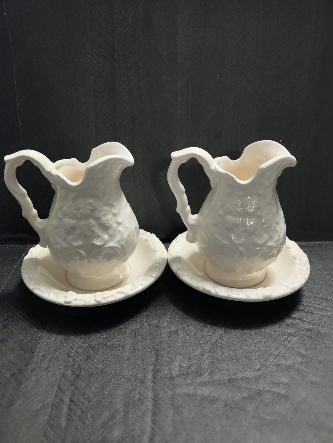 2 Matching Enesco Small Bowl & Pitcher White Gloss Embossed Floral Leaf ...