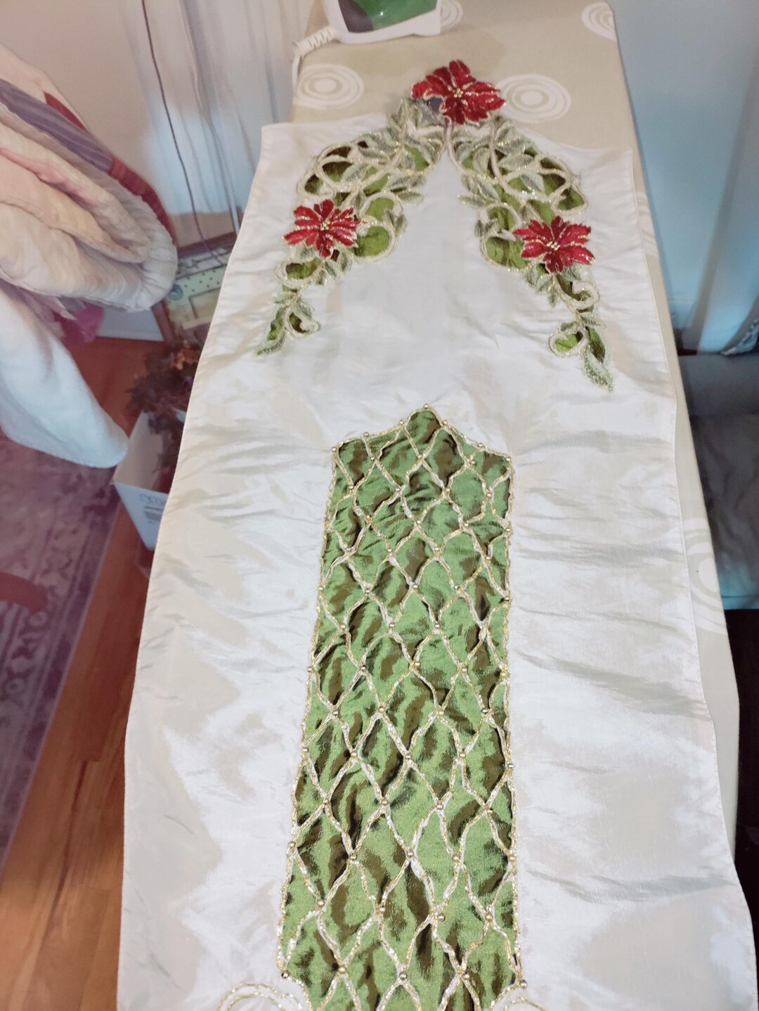 Stunning Satiny Beaded Poinsettia Table Mantle Runner Christmas ...