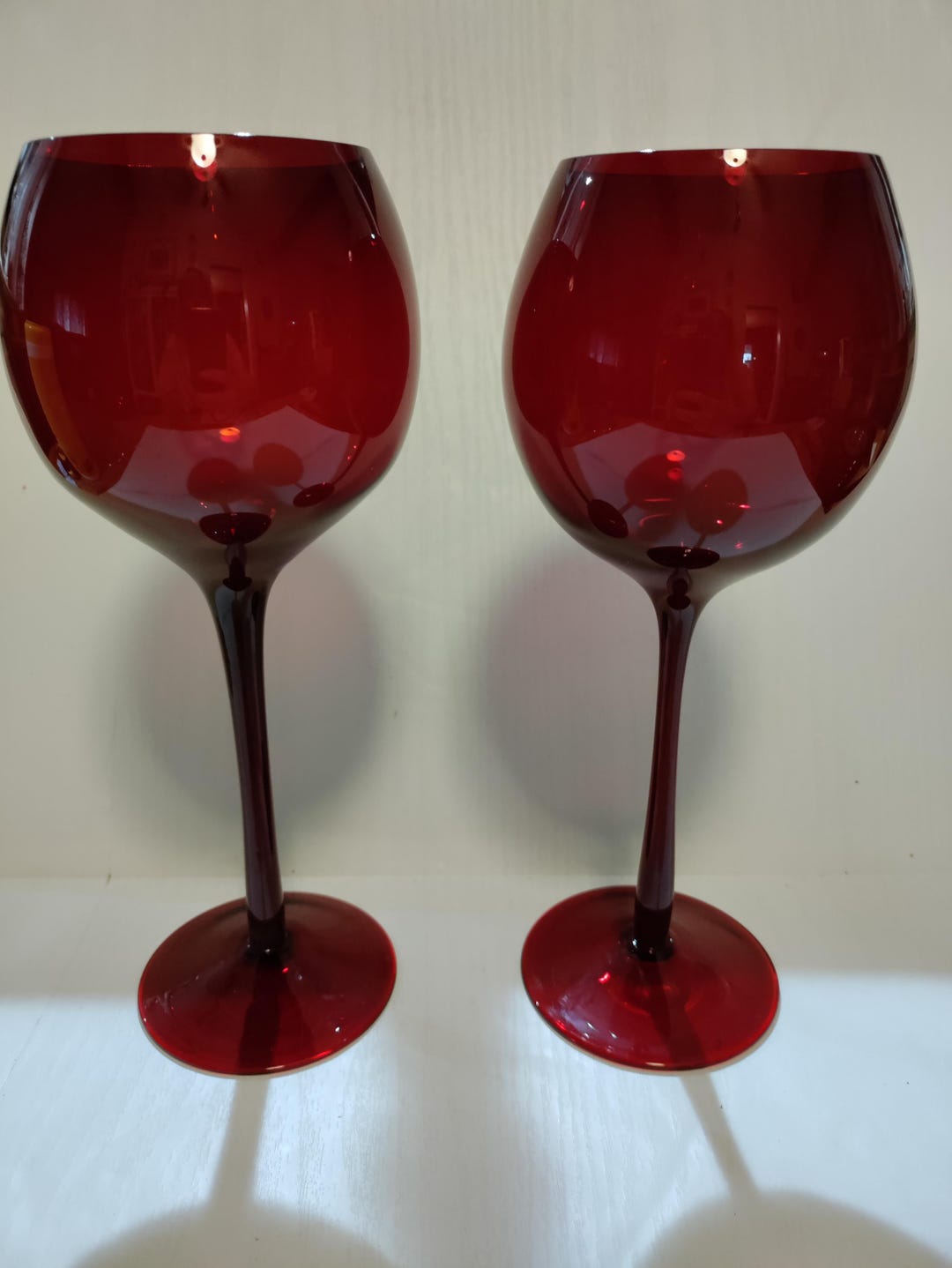 2 Very Tall Deep Red Wine Glasses Vintage Water Goblet Cocktail Glasses ...