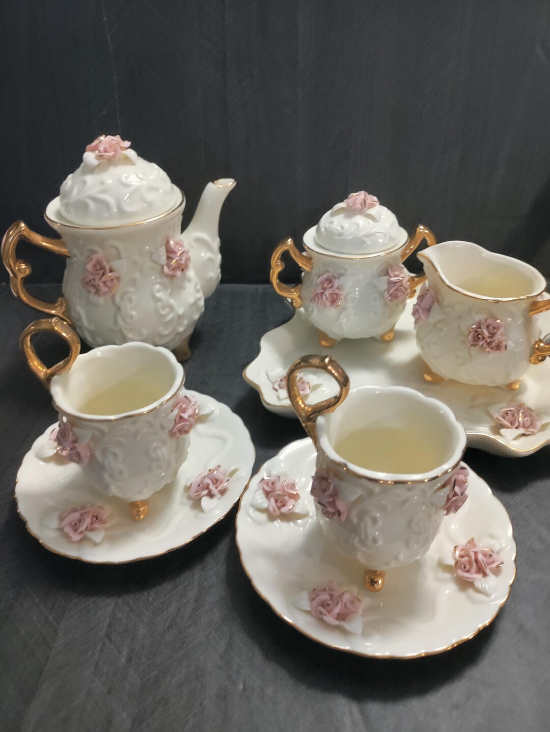 Capodimonte Style Pink Rose Tea Set Cream Pink Rose Capodimonte Teapot ...