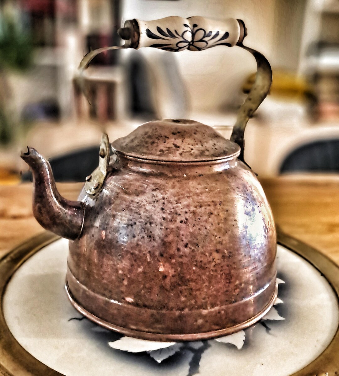 Antique Copper Kettle With Blue Ceramic Handle – Vintage French Copper ...