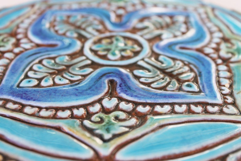 Handmade Turquoise Mandala Ceramic Tile: Tibetan Inspired Wall Art ...