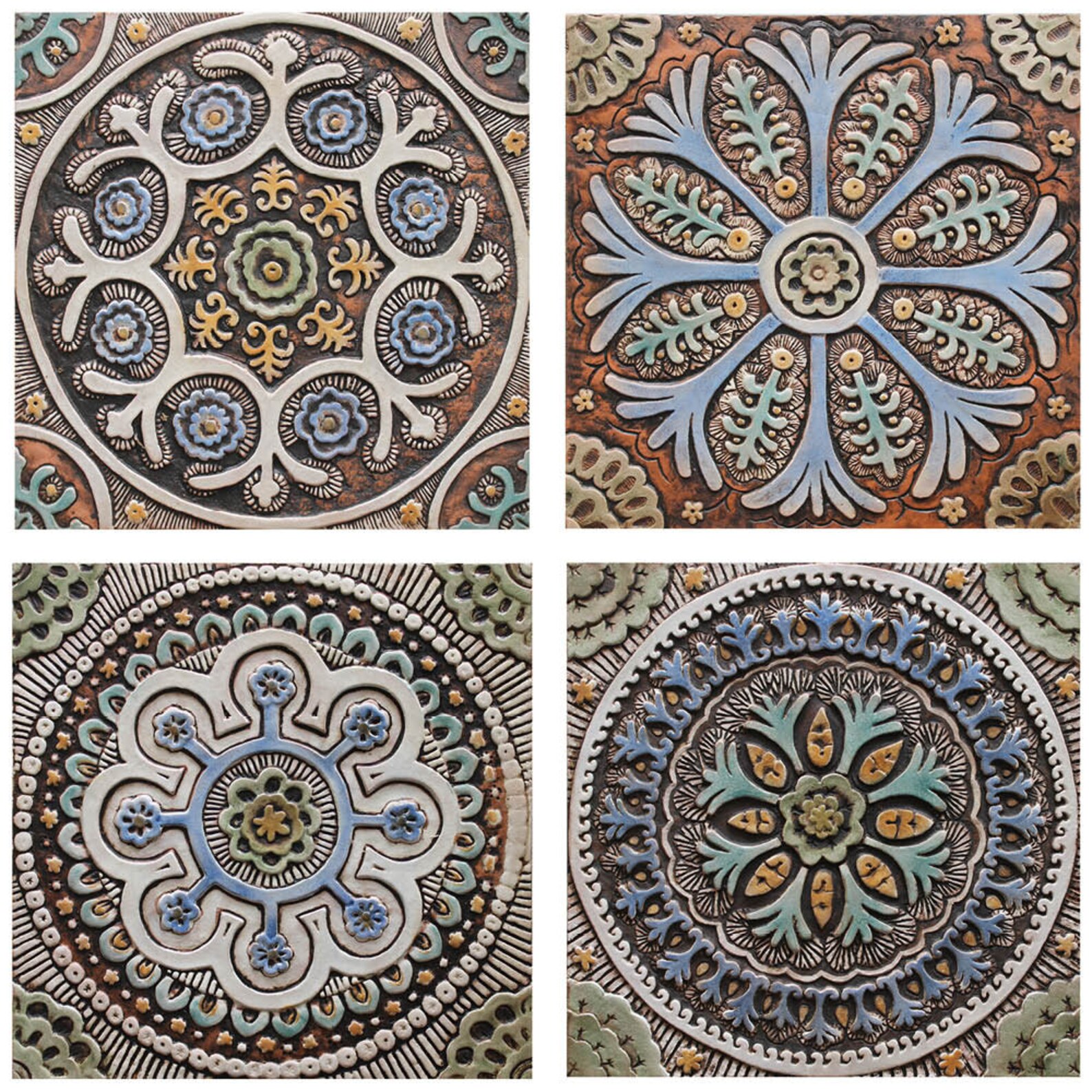 9 Mandala Ceramic Tiles, Boho Garden Wall Art, Matt Blue (30cm/11.8 ...