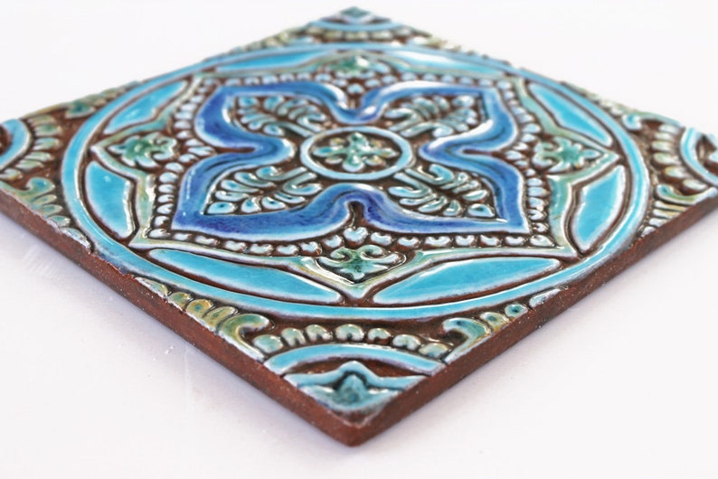 Handmade Turquoise Mandala Ceramic Tile: Tibetan Inspired Wall Art ...