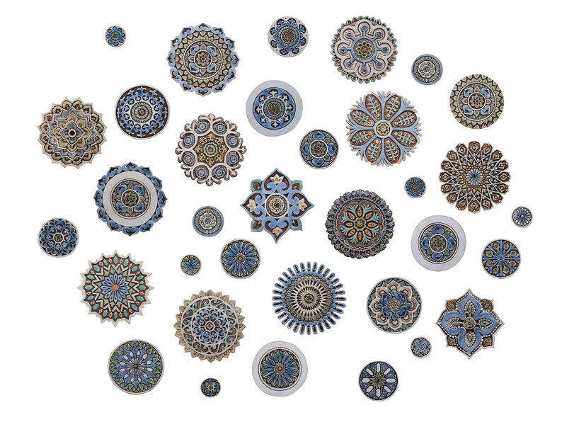 Set 35 Ceramic Tile Hand Painted in Matt Blue Circles Wall - Etsy