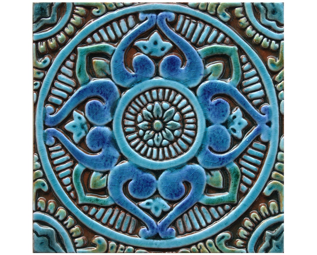 Handmade Turquoise Mandala Ceramic Tile: Tibetan Inspired Wall Art ...