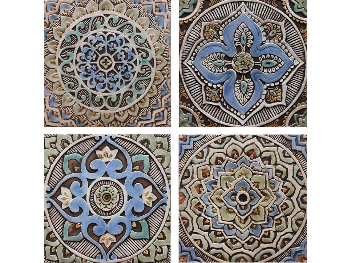 Ceramic Tiles With Mandala Design Decorative Tiles Set of 4 - Etsy