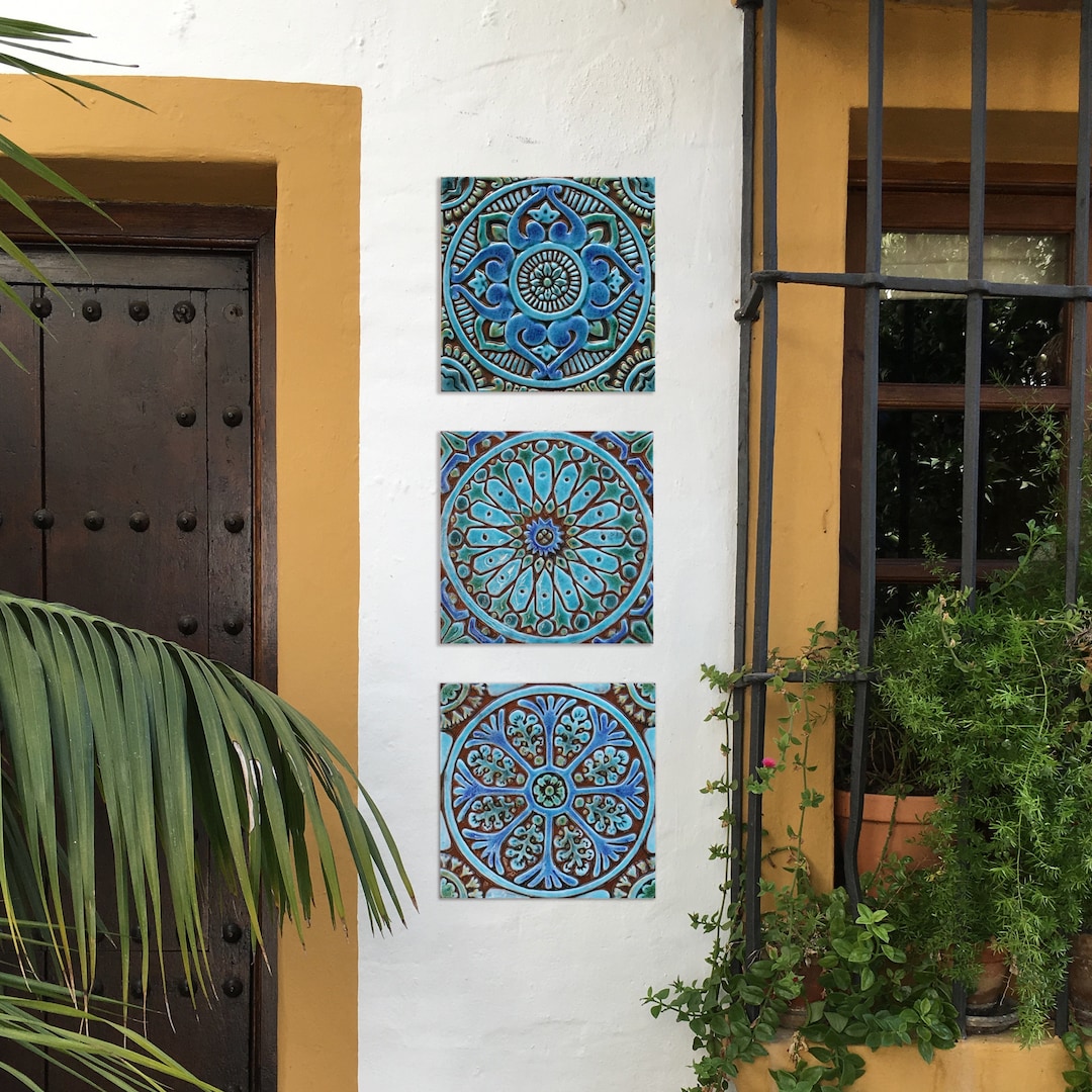 3 Turquoise Ceramic Tile Wall Hangings: Handmade Ethnic Decor (20cm/7.9 ...