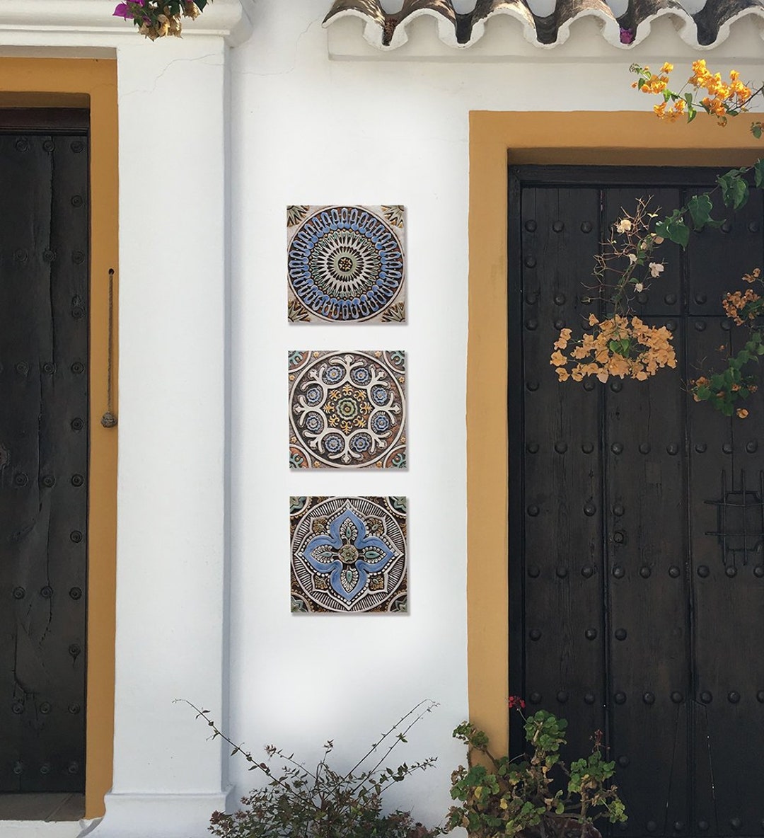 3 Handmade Ceramic Tile Set, Matt Blue Mandala Wall Art, (30cm/11.8 ...