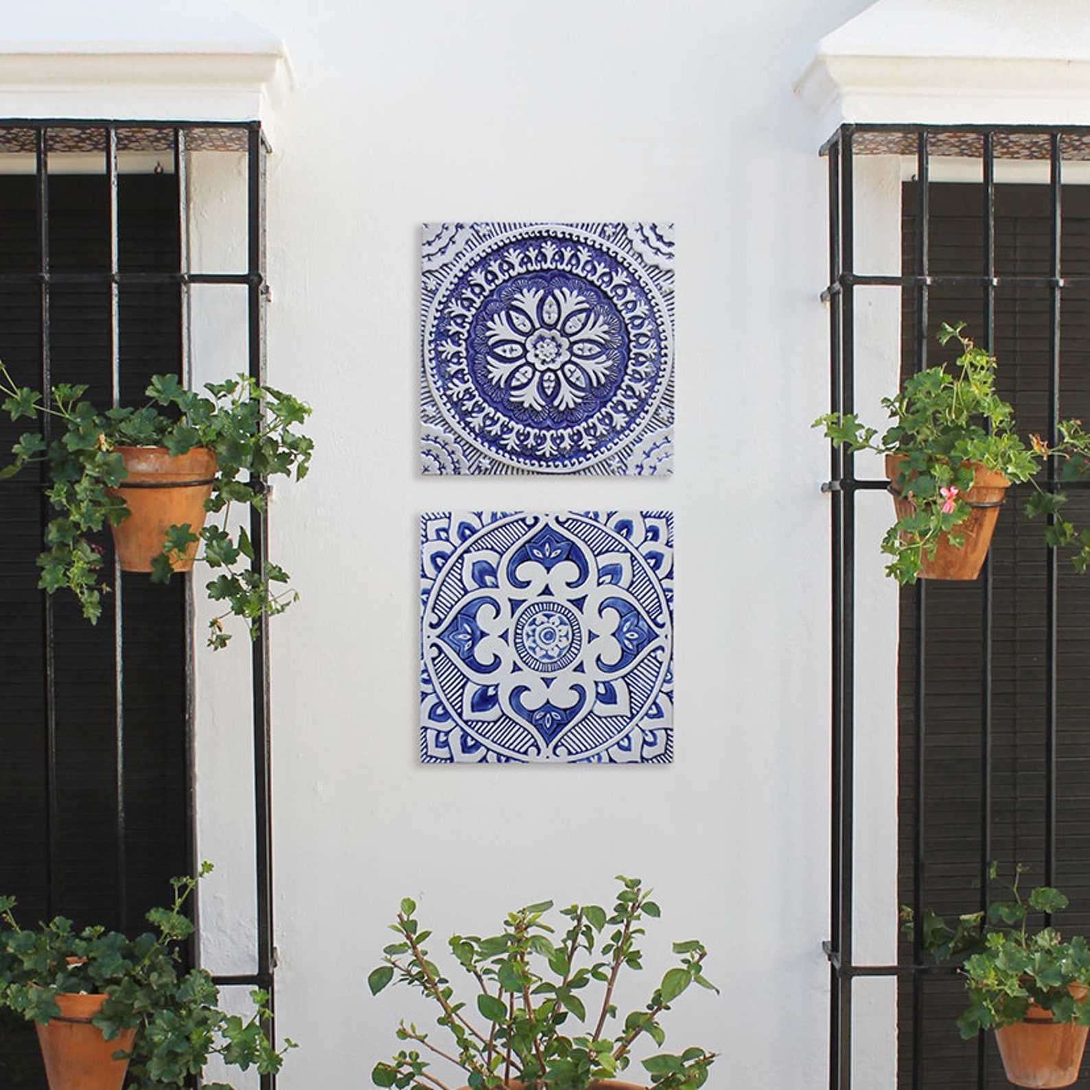 Handmade Spanish Tile Set (x2): Blue & White Ceramic Wall Decor, 11.8 ...