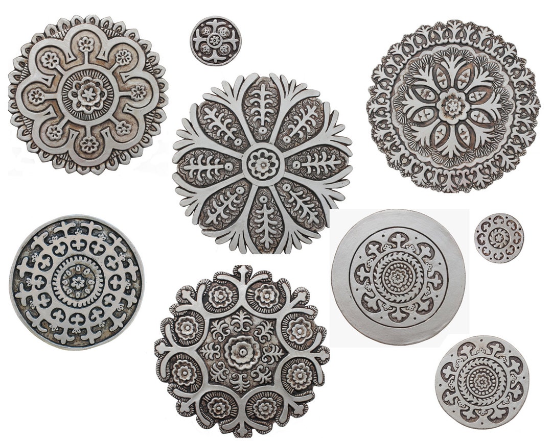 9 Circle Wall Art With Suzani Designs Painted in Aged Silver, Wall ...