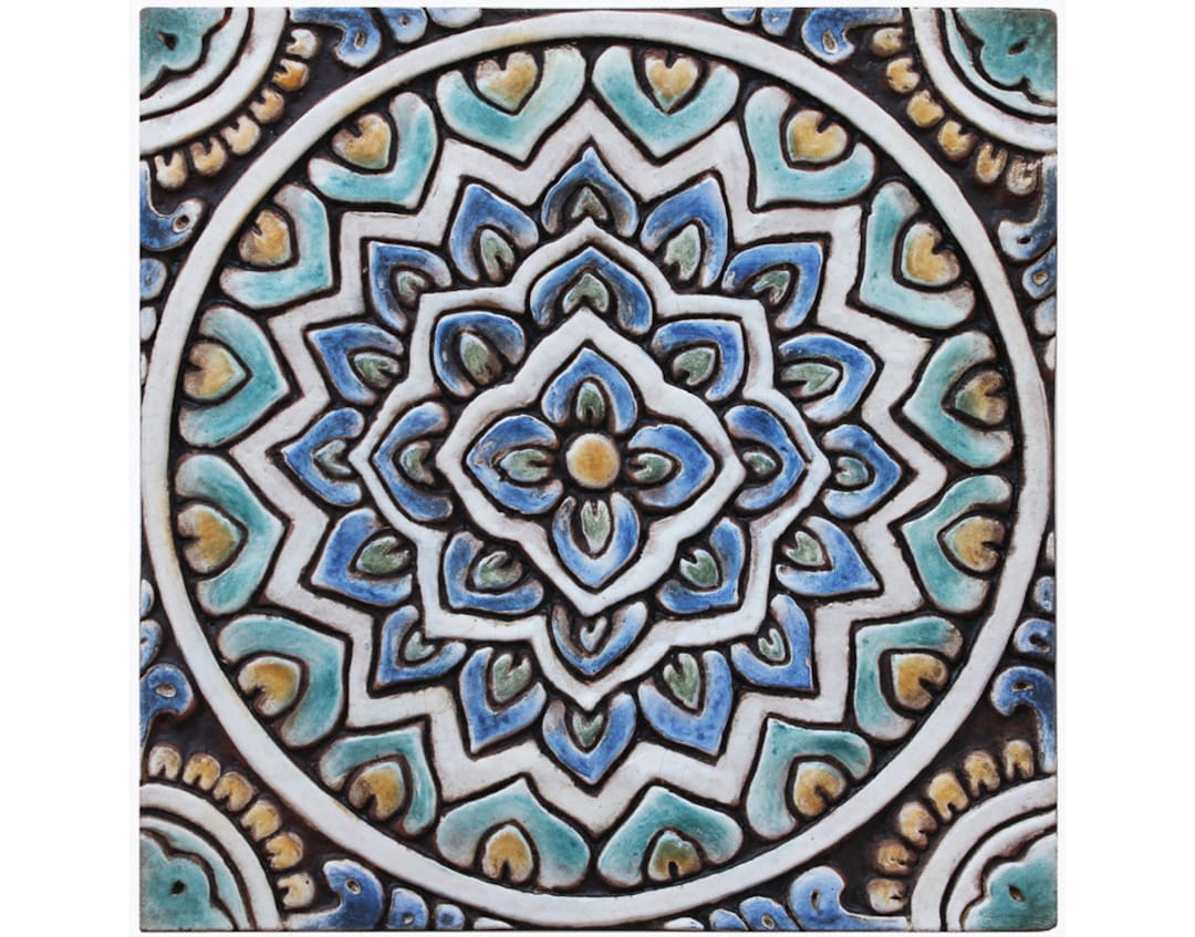 Embossed Mandala Ceramic Tile: Rustic Garden Wall Art Matt Blue (20cm/7 ...
