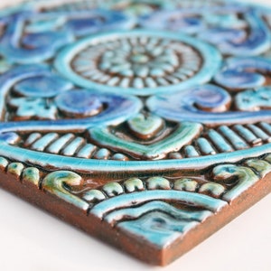 Handmade Turquoise Mandala Ceramic Tile: Tibetan Inspired Wall Art ...